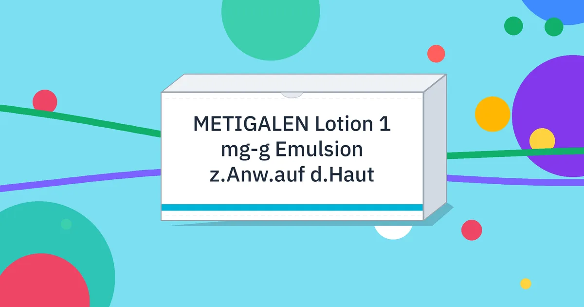 Symbolbild: Packung mit der Aufschrift METIGALEN Lotion 1 mg-g Emulsion z.Anw.auf d.Haut (PZN 16597626) – Verfügbarkeit und Bezug in Apotheken in Frankfurt am Main