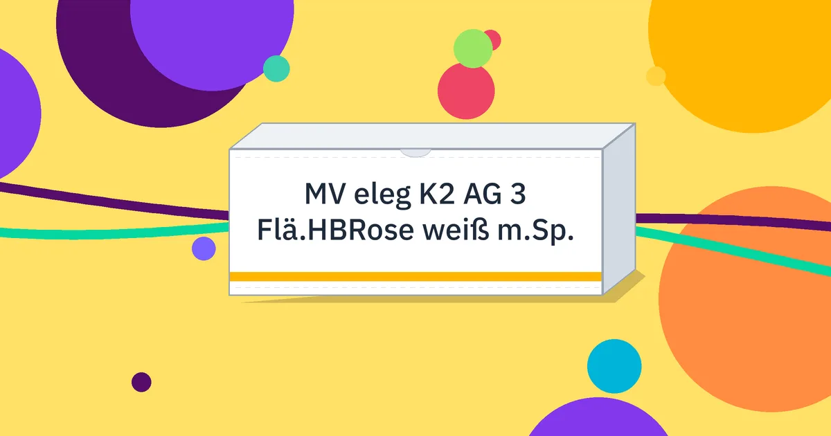 Symbolbild: Packung mit der Aufschrift MV eleg K2 AG 3 Flä.HBRose weiß m.Sp. (PZN 15719406) – Verfügbarkeit und Bezug in Apotheken in Frankfurt am Main