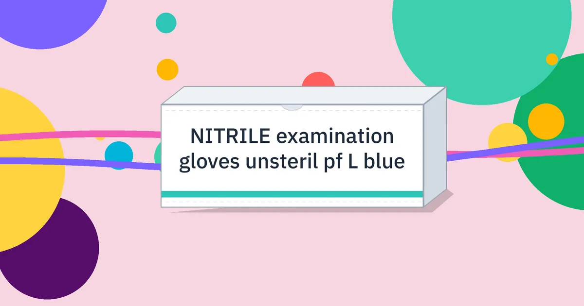 Symbolbild: Packung mit der Aufschrift NITRILE examination gloves unsteril pf L blue (PZN 19872234) – Verfügbarkeit und Bezug in Apotheken in Frankfurt am Main