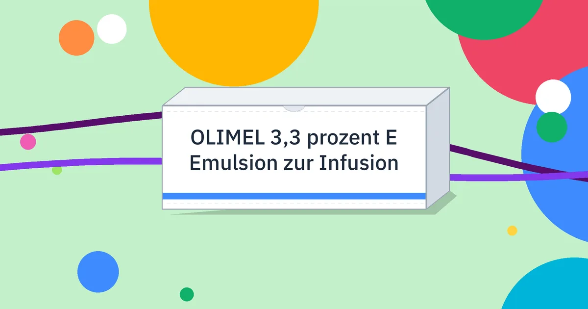 Symbolbild: Packung mit der Aufschrift OLIMEL 3,3 prozent E Emulsion zur Infusion (PZN 05900228) – Verfügbarkeit und Bezug in Apotheken in Frankfurt am Main