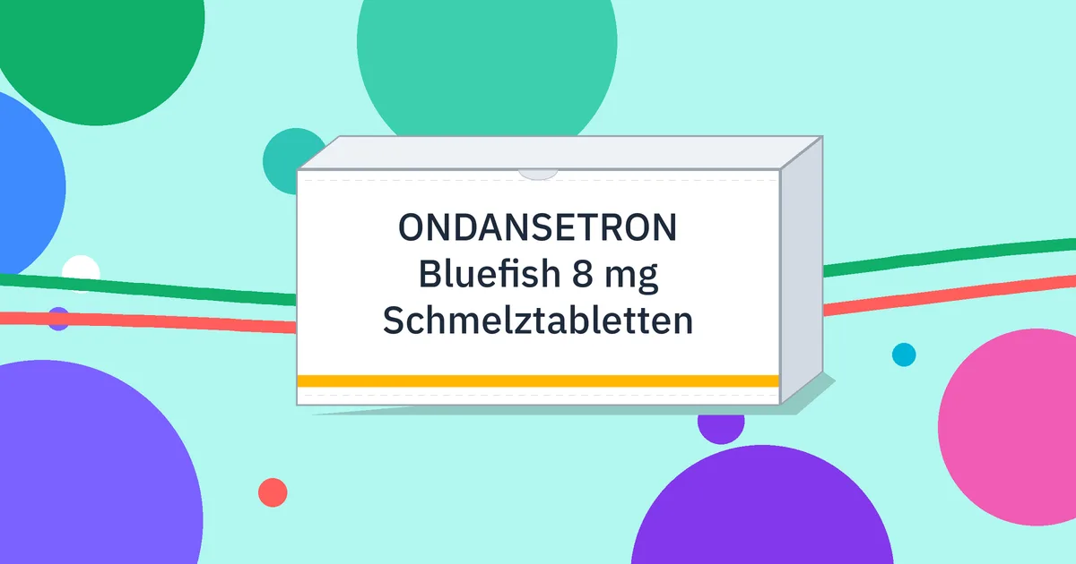 Symbolbild: Packung mit der Aufschrift ONDANSETRON Bluefish 8 mg Schmelztabletten (PZN 05116196) – Verfügbarkeit und Bezug in Apotheken in Frankfurt am Main