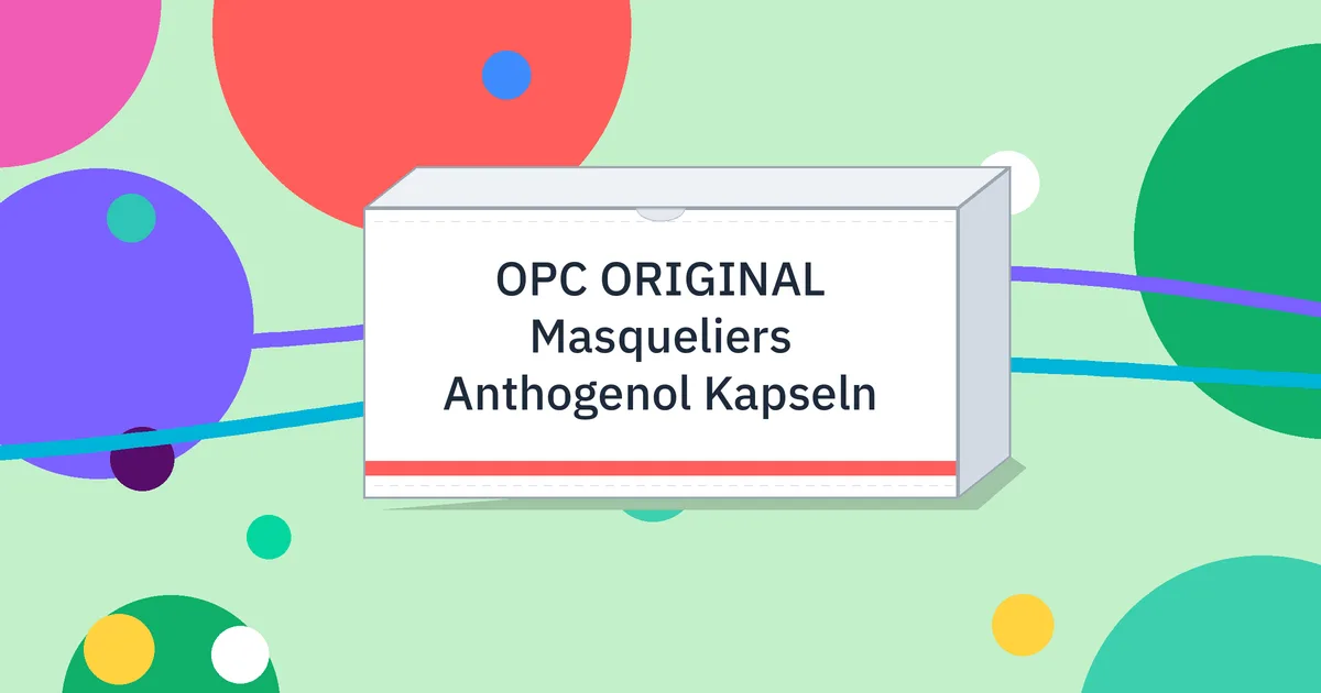 Symbolbild: Packung mit der Aufschrift OPC ORIGINAL Masqueliers Anthogenol Kapseln (PZN 00616215) – Verfügbarkeit und Bezug in Apotheken in Frankfurt am Main