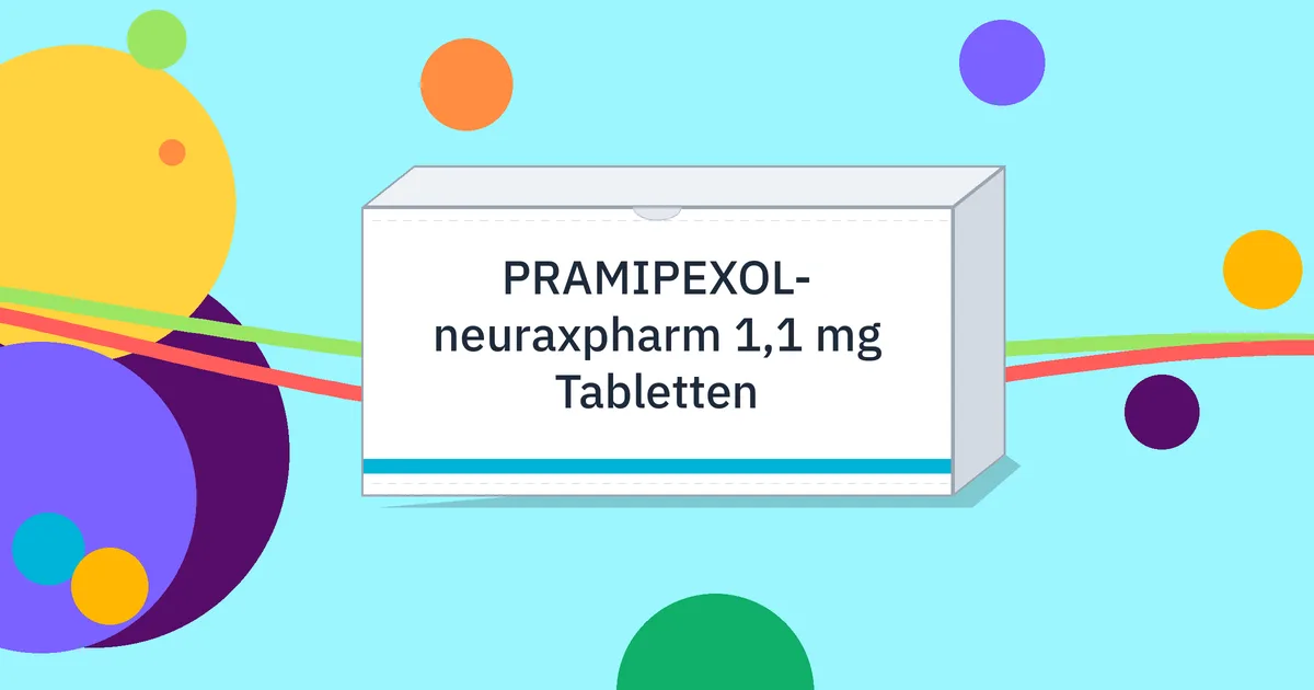 Symbolbild: Packung mit der Aufschrift PRAMIPEXOL-neuraxpharm 1,1 mg Tabletten (PZN 07409353) – Verfügbarkeit und Bezug in Apotheken in Frankfurt am Main