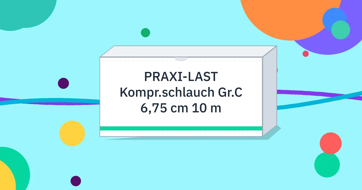 Symbolbild: Packung mit der Aufschrift PRAXI-LAST Kompr.schlauch Gr.C 6,75 cm 10 m (PZN 12826975) – Verfügbarkeit und Bezug in Apotheken in Frankfurt am Main