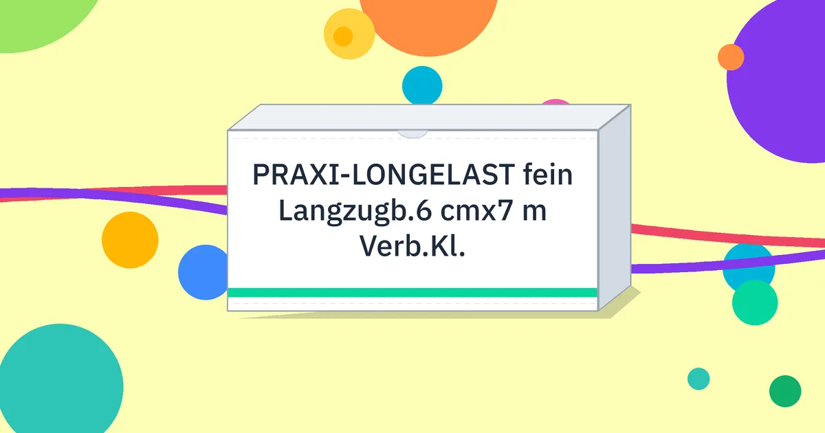 Symbolbild: Packung mit der Aufschrift PRAXI-LONGELAST fein Langzugb.6 cmx7 m Verb.Kl. (PZN 12827064) – Verfügbarkeit und Bezug in Apotheken in Frankfurt am Main
