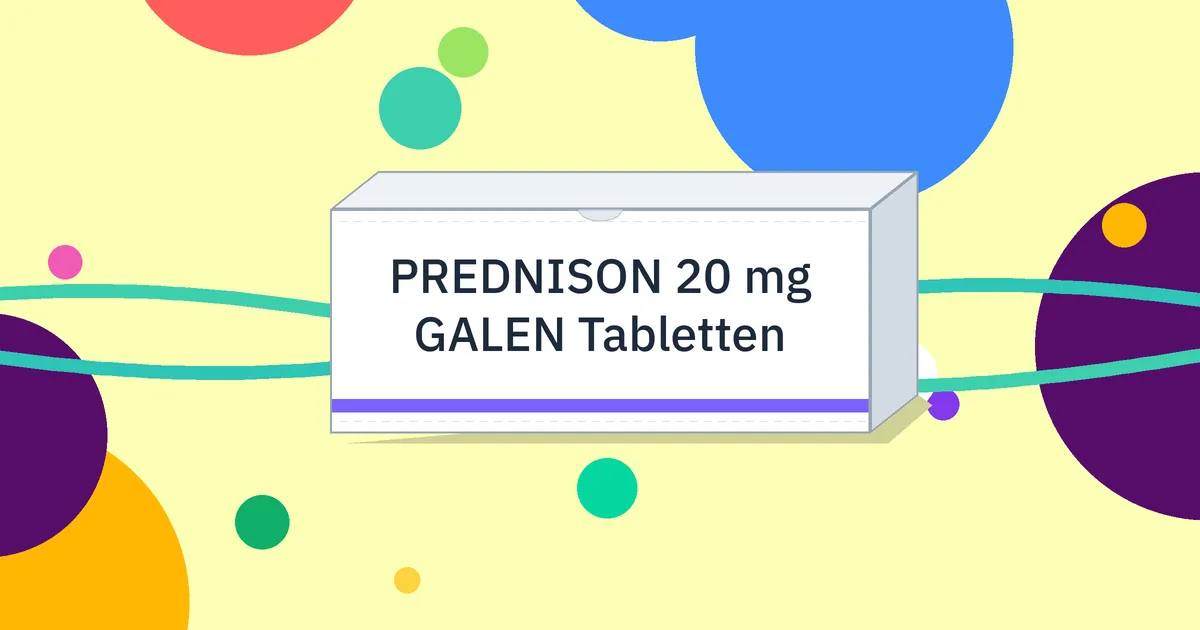 Symbolbild: Packung mit der Aufschrift PREDNISON 20 mg GALEN Tabletten (PZN 01484678) – Verfügbarkeit und Bezug in Apotheken in Frankfurt am Main