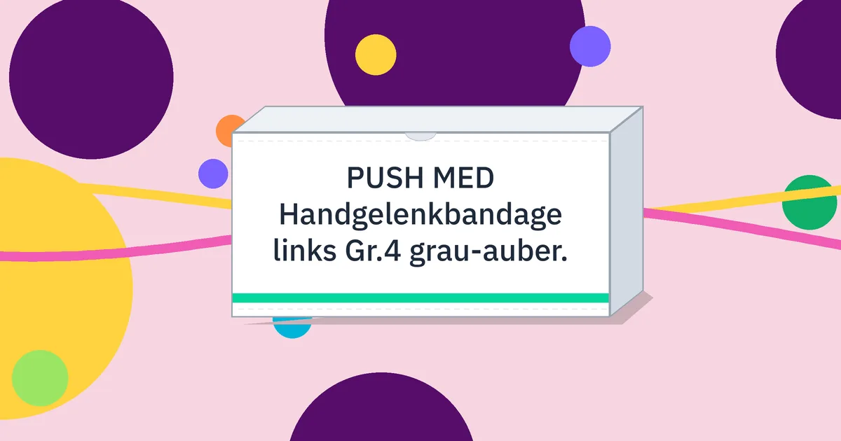 Symbolbild: Packung mit der Aufschrift PUSH MED Handgelenkbandage links Gr.4 grau-auber. (PZN 04860900) – Verfügbarkeit und Bezug in Apotheken in Frankfurt am Main