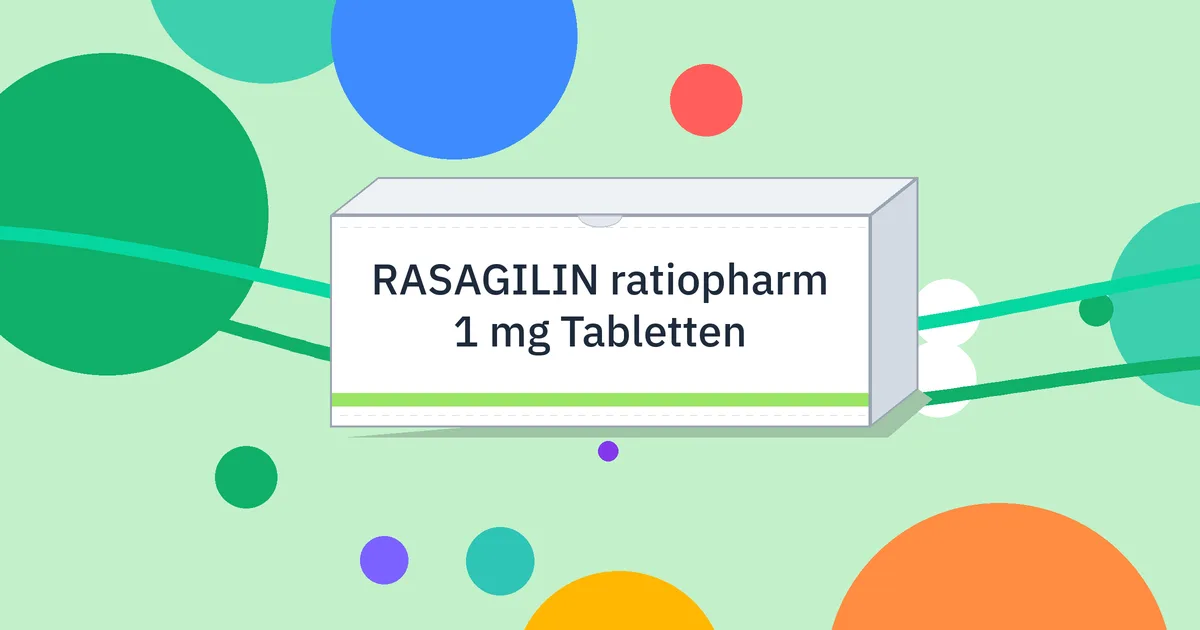 Symbolbild: Packung mit der Aufschrift RASAGILIN ratiopharm 1 mg Tabletten (PZN 18451370) – Verfügbarkeit und Bezug in Apotheken in Frankfurt am Main