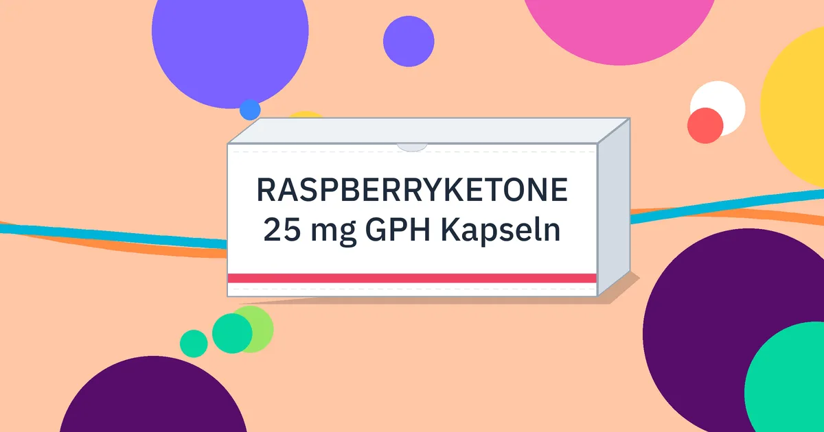 Symbolbild: Packung mit der Aufschrift RASPBERRYKETONE 25 mg GPH Kapseln (PZN 10977517) – Verfügbarkeit und Bezug in Apotheken in Frankfurt am Main