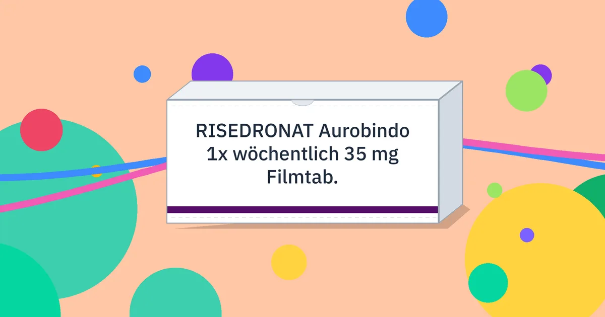 Symbolbild: Packung mit der Aufschrift RISEDRONAT Aurobindo 1x wöchentlich 35 mg Filmtab. (PZN 09749840) – Verfügbarkeit und Bezug in Apotheken in Frankfurt am Main