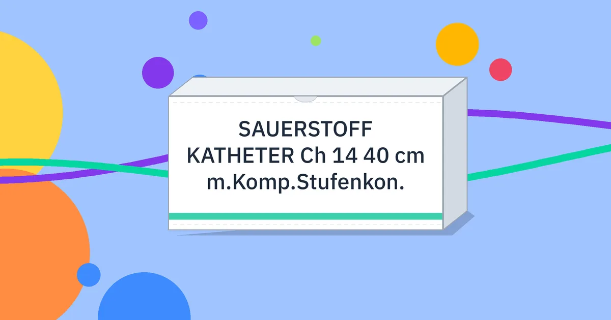 Symbolbild: Packung mit der Aufschrift SAUERSTOFF KATHETER Ch 14 40 cm m.Komp.Stufenkon. (PZN 01442958) – Verfügbarkeit und Bezug in Apotheken in Frankfurt am Main