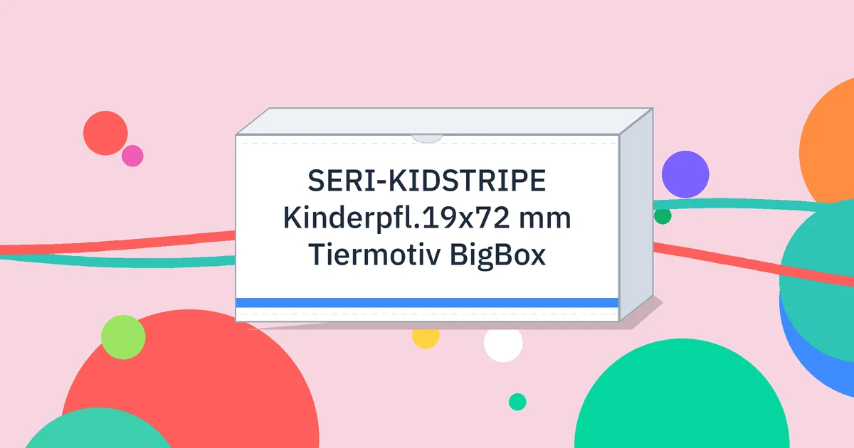 Symbolbild: Packung mit der Aufschrift SERI-KIDSTRIPE Kinderpfl.19x72 mm Tiermotiv BigBox (PZN 19836876) – Verfügbarkeit und Bezug in Apotheken in Frankfurt am Main
