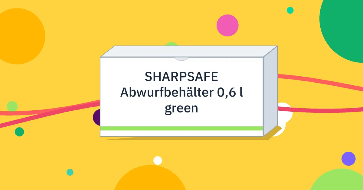 Symbolbild: Packung mit der Aufschrift SHARPSAFE Abwurfbehälter 0,6 l green (PZN 18448379) – Verfügbarkeit und Bezug in Apotheken in Frankfurt am Main