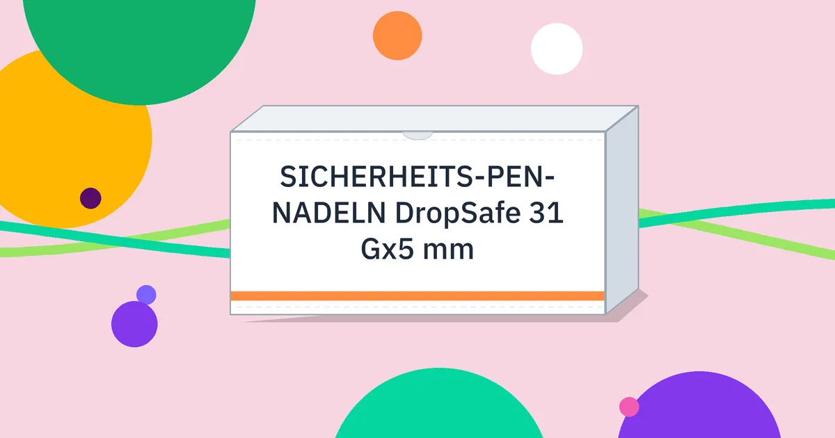 Symbolbild: Packung mit der Aufschrift SICHERHEITS-PEN-NADELN DropSafe 31 Gx5 mm (PZN 17627803) – Verfügbarkeit und Bezug in Apotheken in Frankfurt am Main