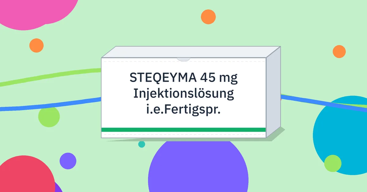 Symbolbild: Packung mit der Aufschrift STEQEYMA 45 mg Injektionslösung i.e.Fertigspr. (PZN 19782471) – Verfügbarkeit und Bezug in Apotheken in Frankfurt am Main