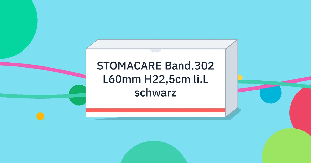 Symbolbild: Packung mit der Aufschrift STOMACARE Band.302 L60mm H22,5cm li.L schwarz (PZN 10840913) – Verfügbarkeit und Bezug in Apotheken in Frankfurt am Main