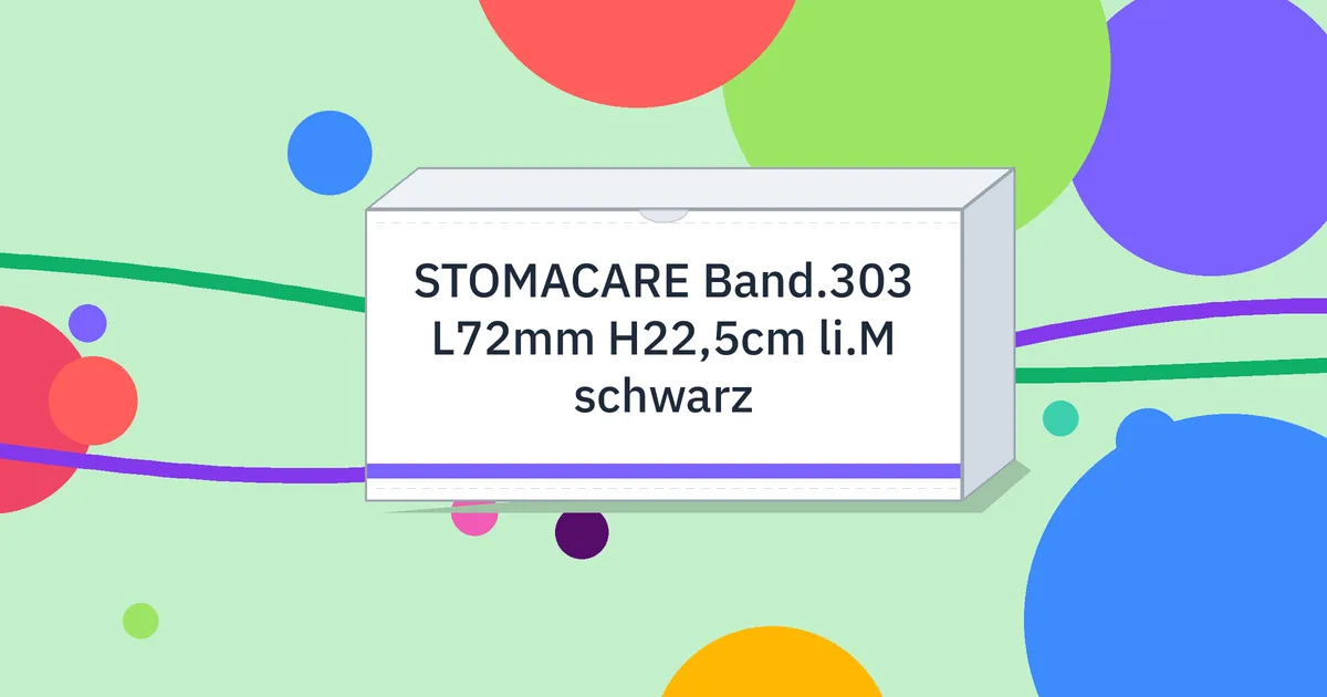 Symbolbild: Packung mit der Aufschrift STOMACARE Band.303 L72mm H22,5cm li.M schwarz (PZN 10841054) – Verfügbarkeit und Bezug in Apotheken in Frankfurt am Main