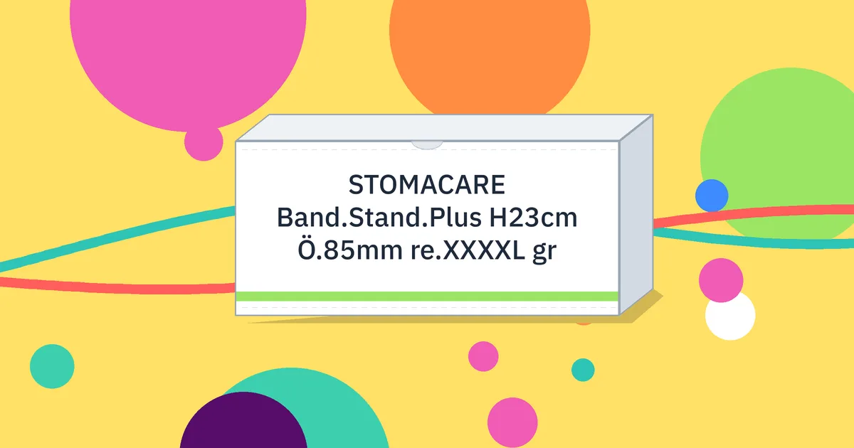 Symbolbild: Packung mit der Aufschrift STOMACARE Band.Stand.Plus H23cm Ö.85mm re.XXXXL gr (PZN 16751263) – Verfügbarkeit und Bezug in Apotheken in Frankfurt am Main