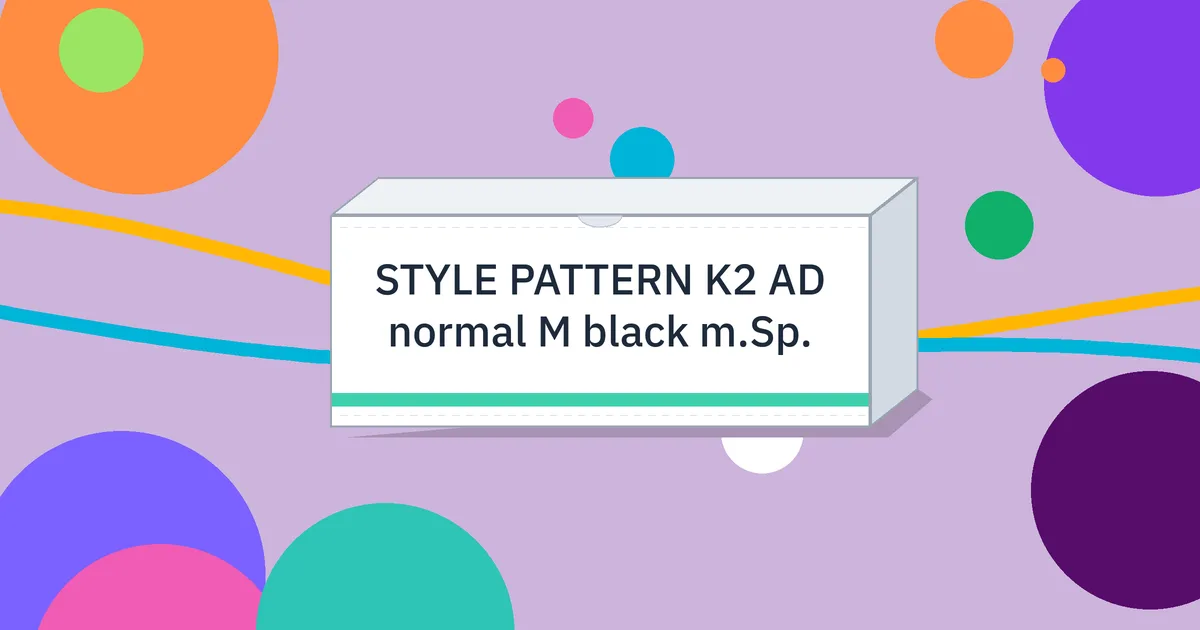 Symbolbild: Packung mit der Aufschrift STYLE PATTERN K2 AD normal M black m.Sp. (PZN 19695223) – Verfügbarkeit und Bezug in Apotheken in Frankfurt am Main