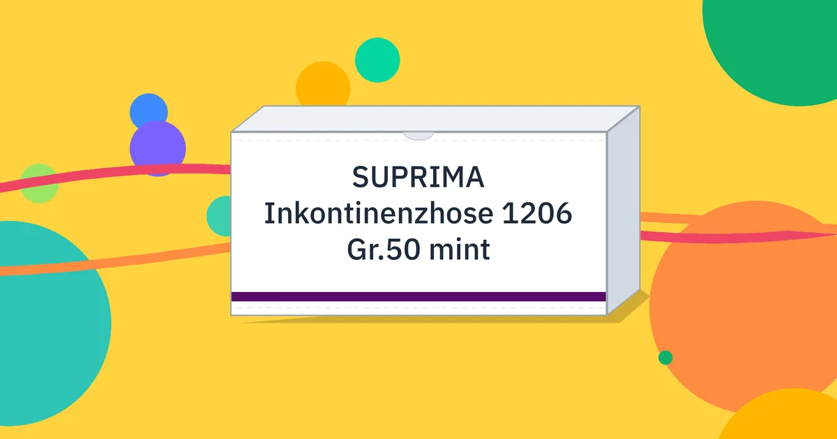 Symbolbild: Packung mit der Aufschrift SUPRIMA Inkontinenzhose 1206 Gr.50 mint (PZN 07632329) – Verfügbarkeit und Bezug in Apotheken in Frankfurt am Main
