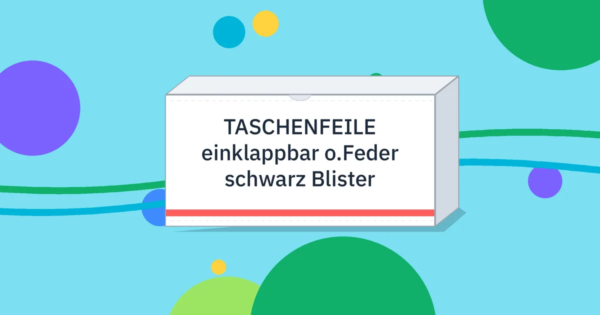 Symbolbild: Packung mit der Aufschrift TASCHENFEILE einklappbar o.Feder schwarz Blister (PZN 10349933) – Verfügbarkeit und Bezug in Apotheken in Frankfurt am Main