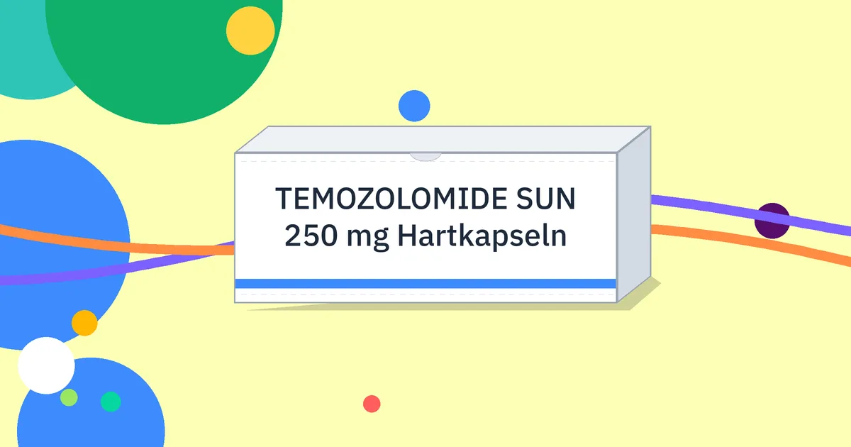 Symbolbild: Packung mit der Aufschrift TEMOZOLOMIDE SUN 250 mg Hartkapseln (PZN 09282069) – Verfügbarkeit und Bezug in Apotheken in Frankfurt am Main