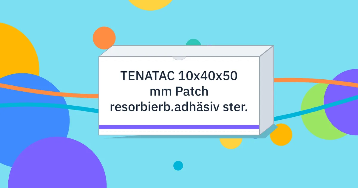 Symbolbild: Packung mit der Aufschrift TENATAC 10x40x50 mm Patch resorbierb.adhäsiv ster. (PZN 16210797) – Verfügbarkeit und Bezug in Apotheken in Frankfurt am Main