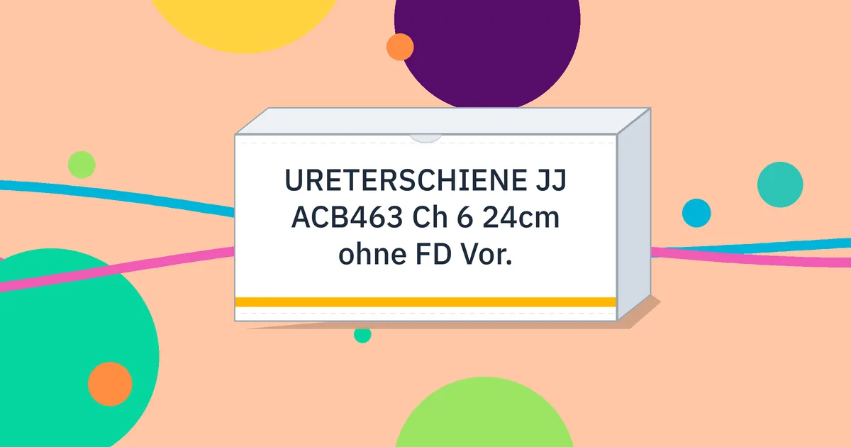 Symbolbild: Packung mit der Aufschrift URETERSCHIENE JJ ACB463 Ch 6 24cm ohne FD Vor. (PZN 00491771) – Verfügbarkeit und Bezug in Apotheken in Frankfurt am Main