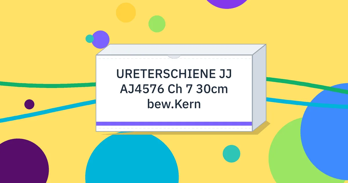Symbolbild: Packung mit der Aufschrift URETERSCHIENE JJ AJ4576 Ch 7 30cm bew.Kern (PZN 01357371) – Verfügbarkeit und Bezug in Apotheken in Frankfurt am Main