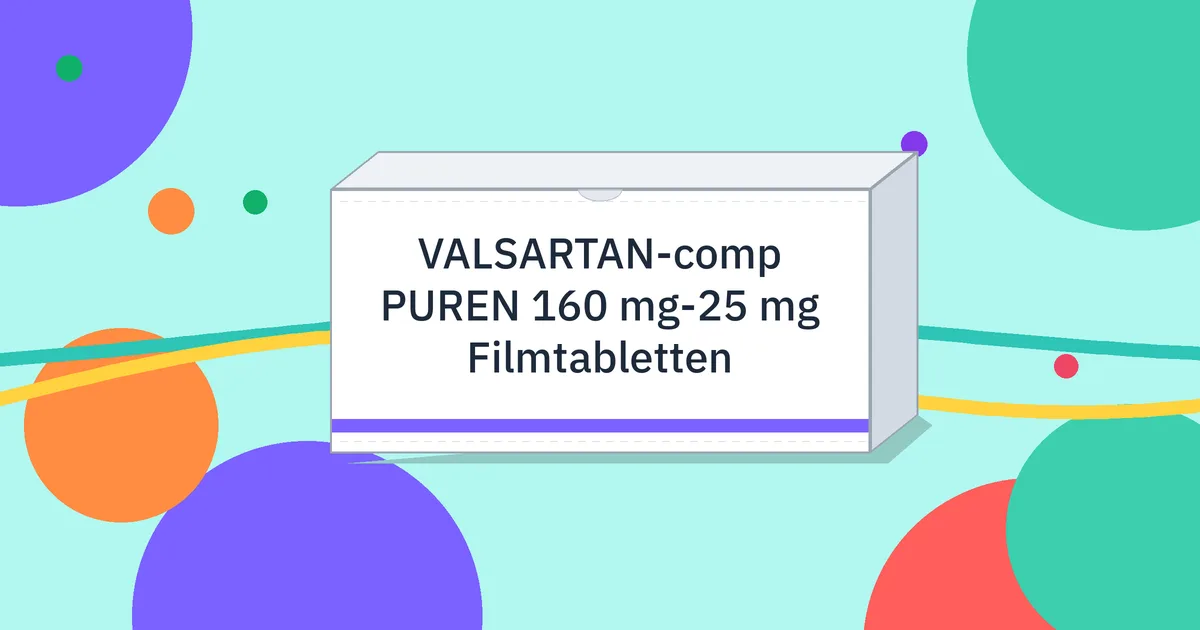 Symbolbild: Packung mit der Aufschrift VALSARTAN-comp PUREN 160 mg-25 mg Filmtabletten (PZN 11358555) – Verfügbarkeit und Bezug in Apotheken in Frankfurt am Main