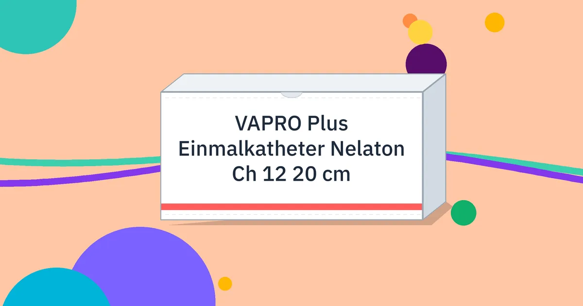 Symbolbild: Packung mit der Aufschrift VAPRO Plus Einmalkatheter Nelaton Ch 12 20 cm (PZN 19639302) – Verfügbarkeit und Bezug in Apotheken in Frankfurt am Main