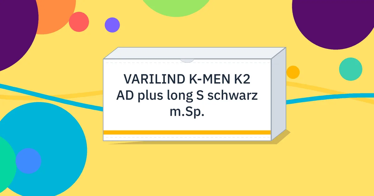 Symbolbild: Packung mit der Aufschrift VARILIND K-MEN K2 AD plus long S schwarz m.Sp. (PZN 20569647) – Verfügbarkeit und Bezug in Apotheken in Frankfurt am Main
