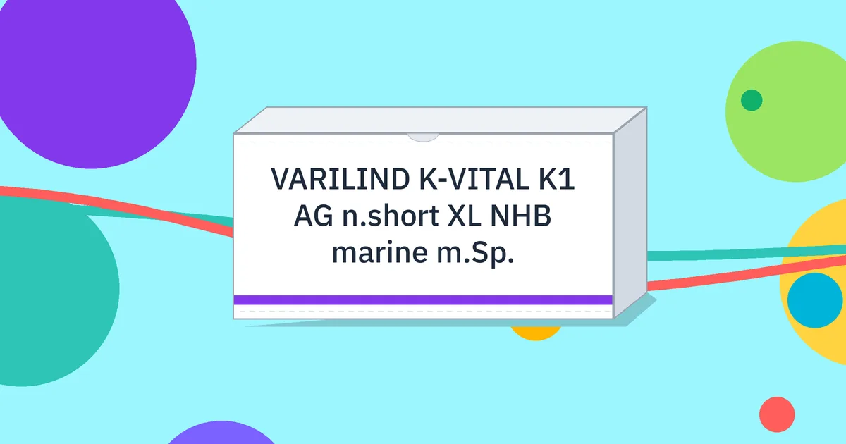 Symbolbild: Packung mit der Aufschrift VARILIND K-VITAL K1 AG n.short XL NHB marine m.Sp. (PZN 20563047) – Verfügbarkeit und Bezug in Apotheken in Frankfurt am Main