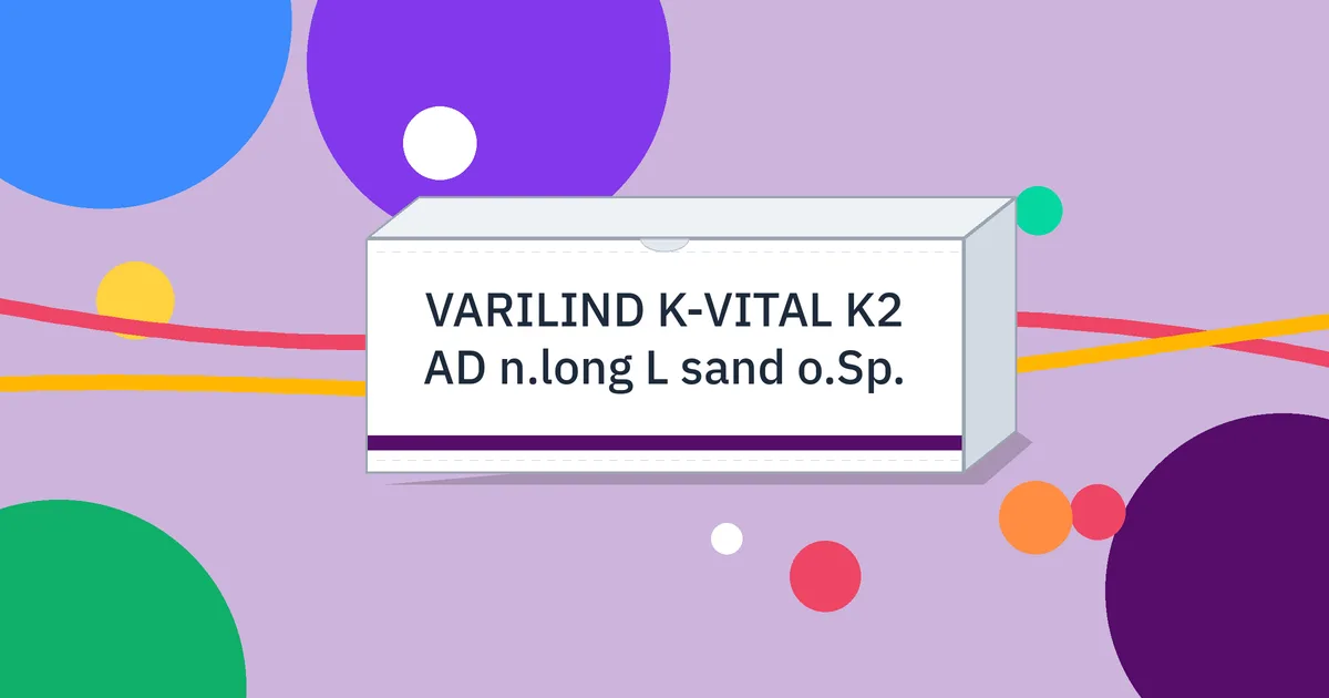 Symbolbild: Packung mit der Aufschrift VARILIND K-VITAL K2 AD n.long L sand o.Sp. (PZN 20567619) – Verfügbarkeit und Bezug in Apotheken in Frankfurt am Main