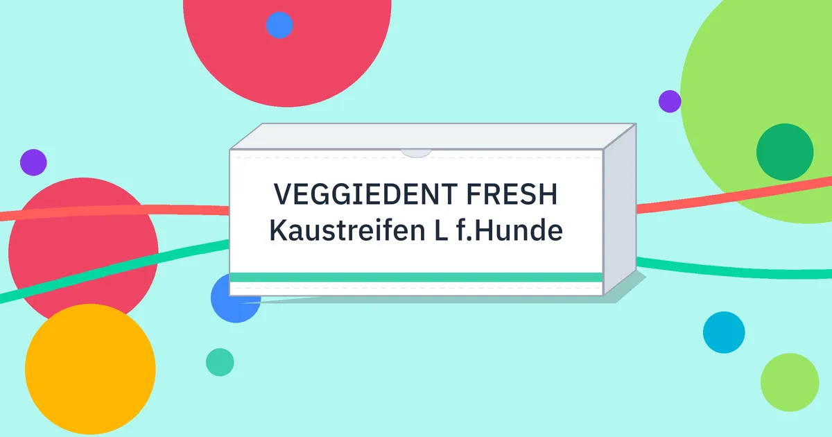 Symbolbild: Packung mit der Aufschrift VEGGIEDENT FRESH Kaustreifen L f.Hunde (PZN 16608991) – Verfügbarkeit und Bezug in Apotheken in Frankfurt am Main