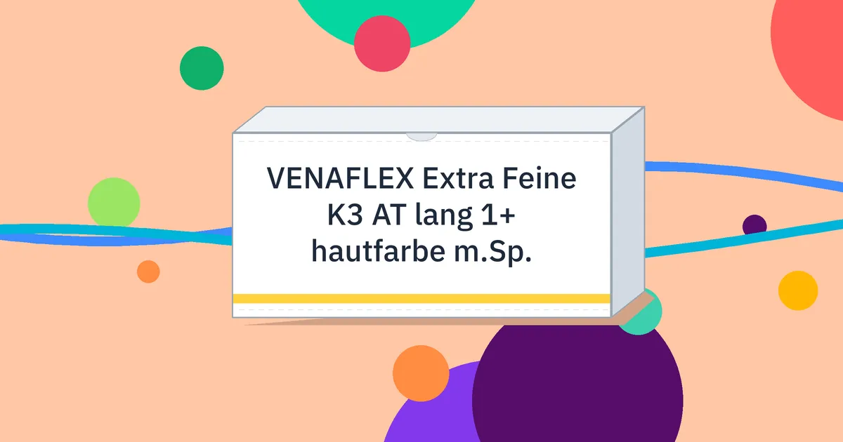 Symbolbild: Packung mit der Aufschrift VENAFLEX Extra Feine K3 AT lang 1+ hautfarbe m.Sp. (PZN 18308661) – Verfügbarkeit und Bezug in Apotheken in Frankfurt am Main