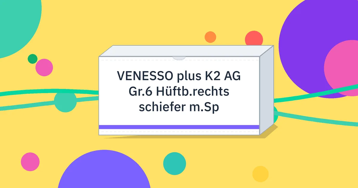 Symbolbild: Packung mit der Aufschrift VENESSO plus K2 AG Gr.6 Hüftb.rechts schiefer m.Sp (PZN 03304284) – Verfügbarkeit und Bezug in Apotheken in Frankfurt am Main