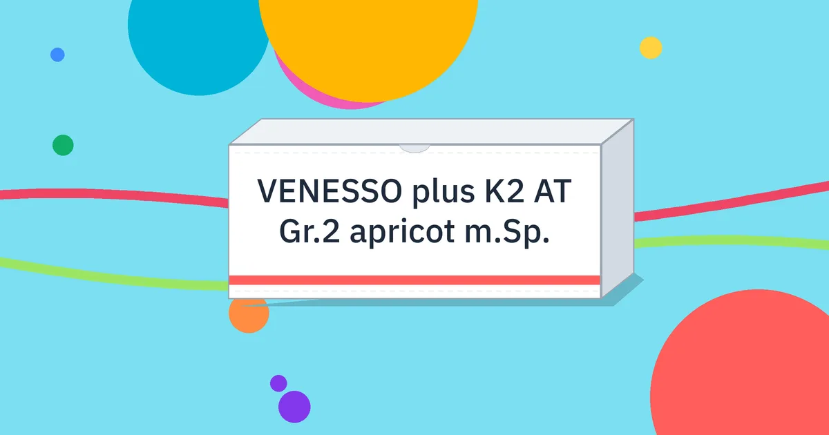Symbolbild: Packung mit der Aufschrift VENESSO plus K2 AT Gr.2 apricot m.Sp. (PZN 03286014) – Verfügbarkeit und Bezug in Apotheken in Frankfurt am Main