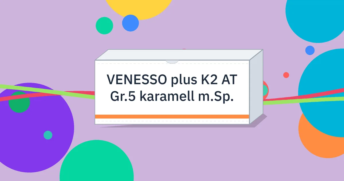 Symbolbild: Packung mit der Aufschrift VENESSO plus K2 AT Gr.5 karamell m.Sp. (PZN 13758595) – Verfügbarkeit und Bezug in Apotheken in Frankfurt am Main