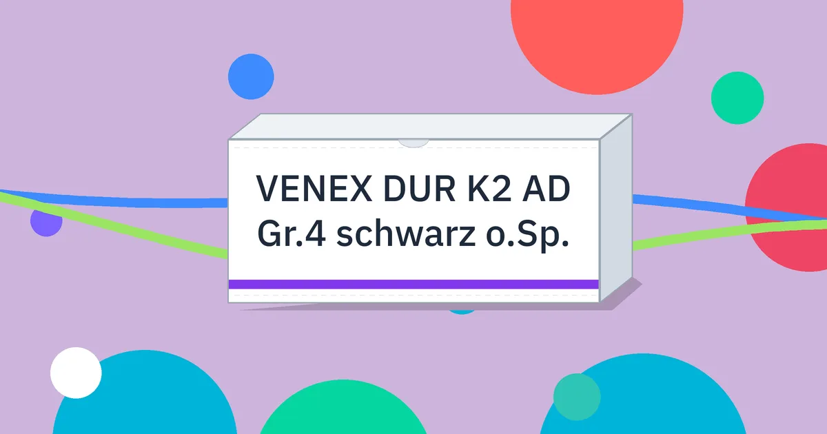 Symbolbild: Packung mit der Aufschrift VENEX DUR K2 AD Gr.4 schwarz o.Sp. (PZN 03212346) – Verfügbarkeit und Bezug in Apotheken in Frankfurt am Main