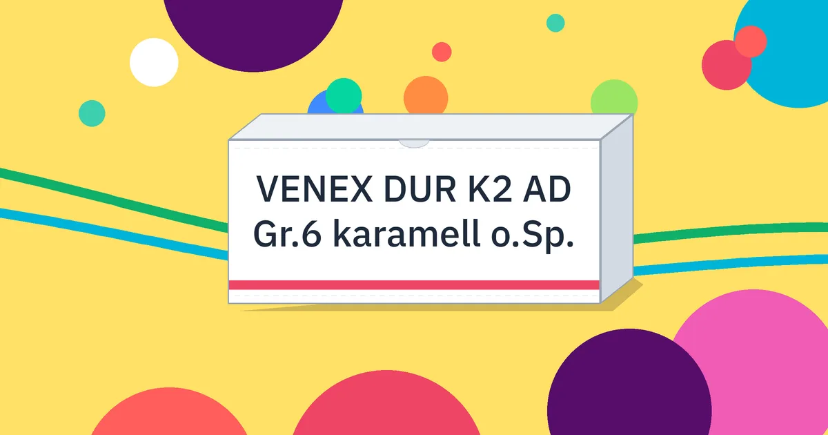 Symbolbild: Packung mit der Aufschrift VENEX DUR K2 AD Gr.6 karamell o.Sp. (PZN 13757503) – Verfügbarkeit und Bezug in Apotheken in Frankfurt am Main