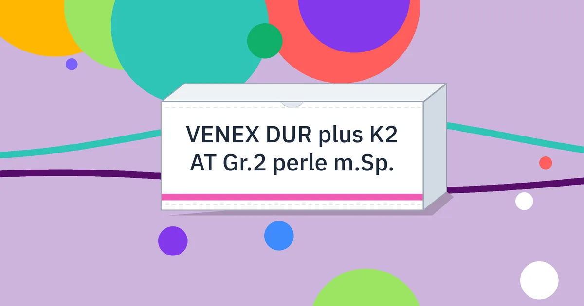 Symbolbild: Packung mit der Aufschrift VENEX DUR plus K2 AT Gr.2 perle m.Sp. (PZN 03234253) – Verfügbarkeit und Bezug in Apotheken in Frankfurt am Main