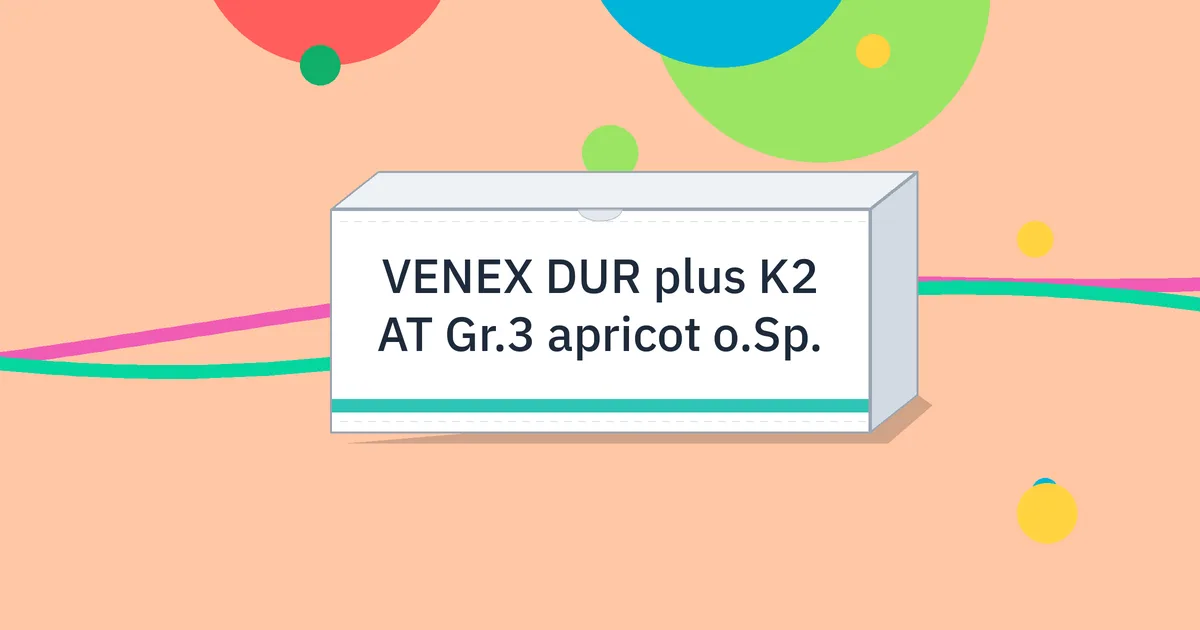 Symbolbild: Packung mit der Aufschrift VENEX DUR plus K2 AT Gr.3 apricot o.Sp. (PZN 03234603) – Verfügbarkeit und Bezug in Apotheken in Frankfurt am Main