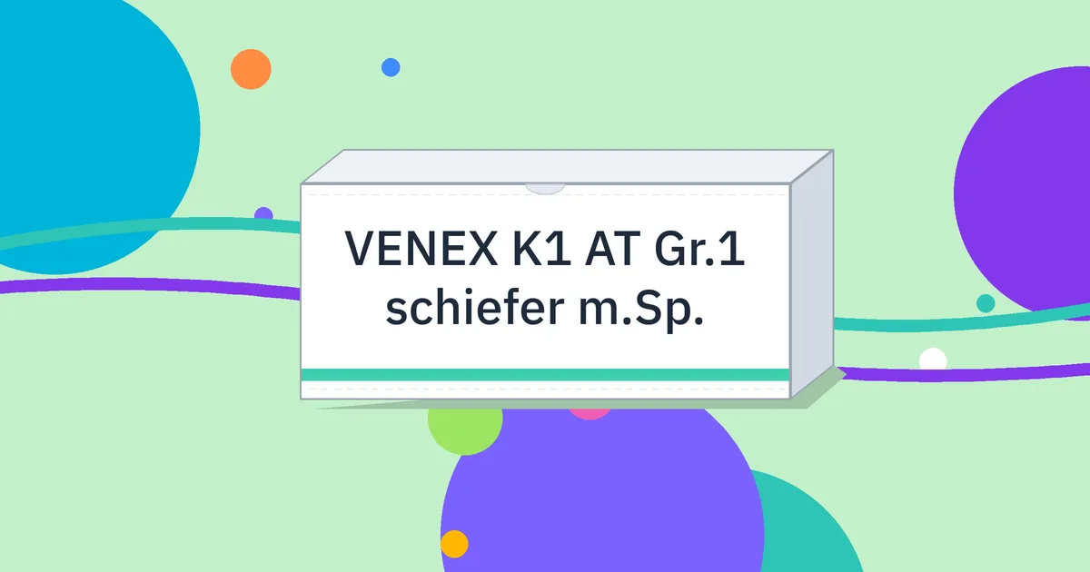 Symbolbild: Packung mit der Aufschrift VENEX K1 AT Gr.1 schiefer m.Sp. (PZN 03196469) – Verfügbarkeit und Bezug in Apotheken in Frankfurt am Main