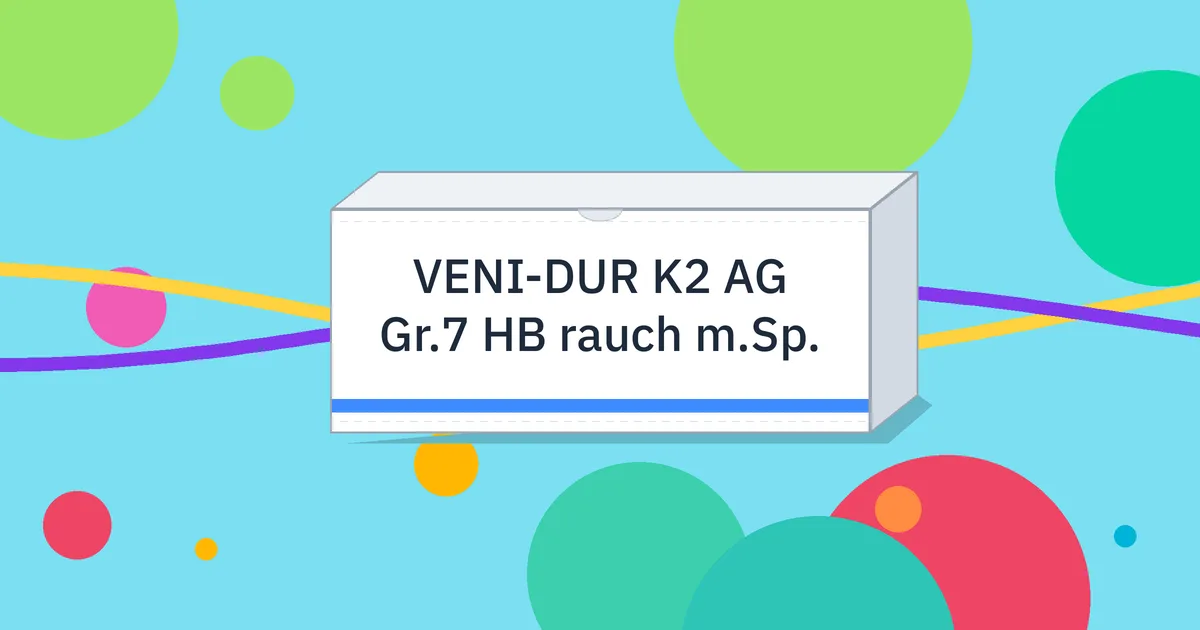 Symbolbild: Packung mit der Aufschrift VENI-DUR K2 AG Gr.7 HB rauch m.Sp. (PZN 03244300) – Verfügbarkeit und Bezug in Apotheken in Frankfurt am Main