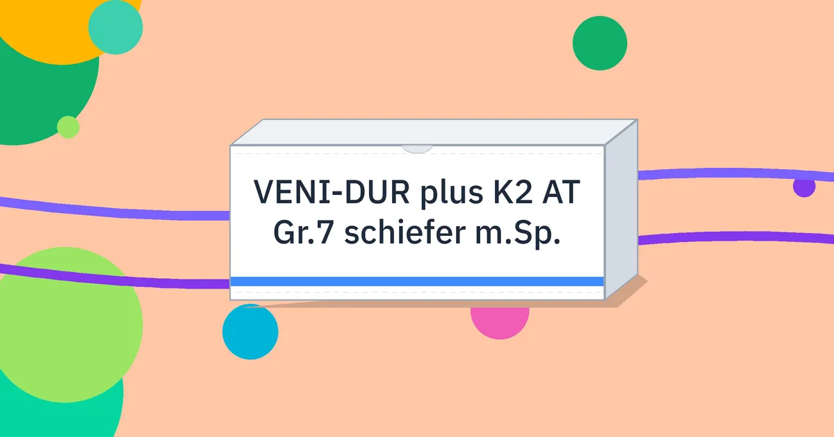 Symbolbild: Packung mit der Aufschrift VENI-DUR plus K2 AT Gr.7 schiefer m.Sp. (PZN 03255404) – Verfügbarkeit und Bezug in Apotheken in Frankfurt am Main