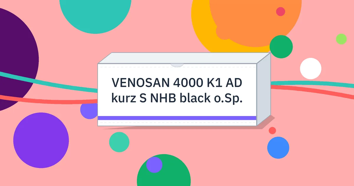 Symbolbild: Packung mit der Aufschrift VENOSAN 4000 K1 AD kurz S NHB black o.Sp. (PZN 14426547) – Verfügbarkeit und Bezug in Apotheken in Frankfurt am Main