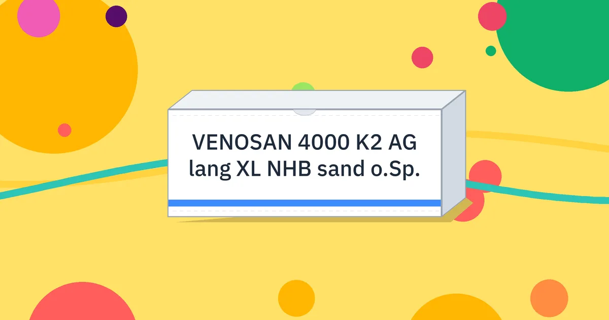 Symbolbild: Packung mit der Aufschrift VENOSAN 4000 K2 AG lang XL NHB sand o.Sp. (PZN 14422704) – Verfügbarkeit und Bezug in Apotheken in Frankfurt am Main