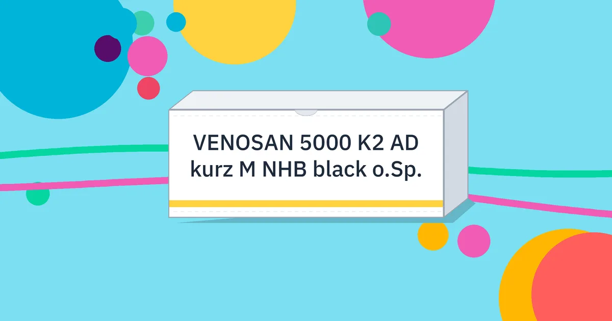 Symbolbild: Packung mit der Aufschrift VENOSAN 5000 K2 AD kurz M NHB black o.Sp. (PZN 14433369) – Verfügbarkeit und Bezug in Apotheken in Frankfurt am Main