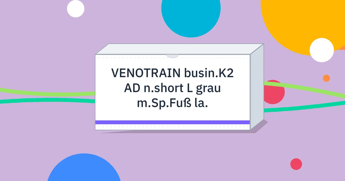 Symbolbild: Packung mit der Aufschrift VENOTRAIN busin.K2 AD n.short L grau m.Sp.Fuß la. (PZN 19056776) – Verfügbarkeit und Bezug in Apotheken in Frankfurt am Main
